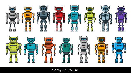 Pixel robot characters, 8 bit cartoon robotic droids and androids ...