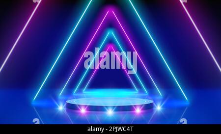Neon arch, podium, led arcade, stage light. Spotlight, lines ...
