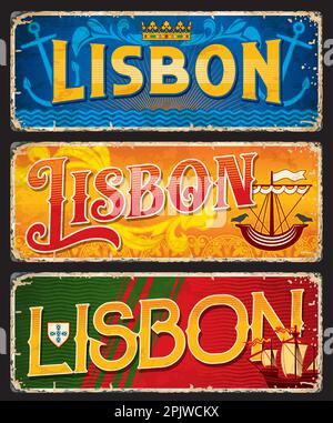 Lisbon travel sticker and plate with vector heraldic symbol of Portugal ...