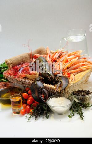 Lobster, prawns and scampi ready to be cooked, Italy, Europe Stock ...