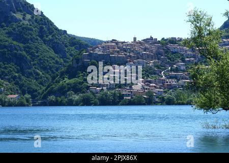 The village of Barrea on Lake Barrea fed by the Sangro river in the ...