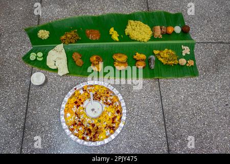 indian traditional mithila region food served at banana leaf at ...