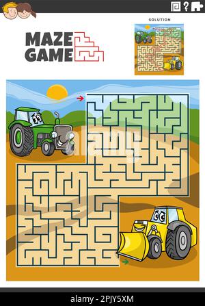 Vector cartoon illustration of funny bulldozer with construction signs ...