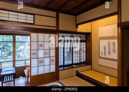 Interior of old wooden hotel "Tokaikan", hall, Local history museum ...