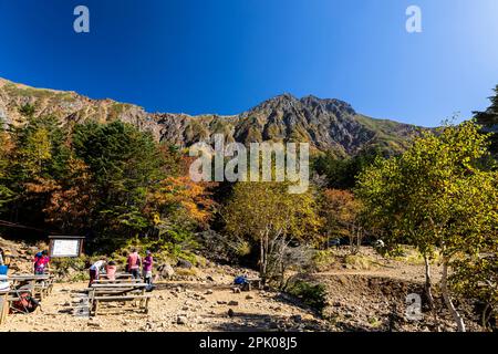 Summit of famous Mt. Akadake, from Gyojagoya(Gyoja cottage), highest ...