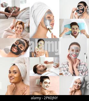 Collage with photos of people with cleansing and moisturizing masks on ...