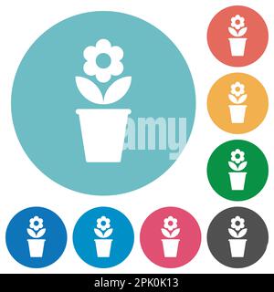flowerpot with flower and leaves solid white flat icons on color ...
