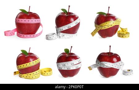 Set of fresh ripe apples with measuring tapes on white background ...