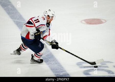 April 4, 2023: Springfield Thunderbirds Hugh McGing (11) and Bridgeport ...
