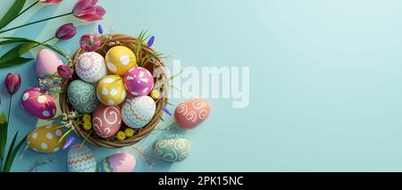 Easter composition. Easter eggs in a wicker basket with forget-me-not ...