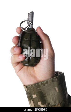 Soldier holding hand grenade on white background, closeup. Military ...