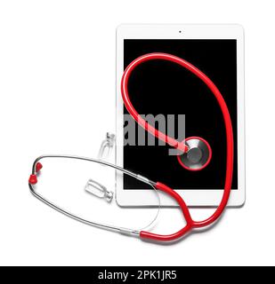 Modern stethoscope with heart and ampules on wooden background Stock ...