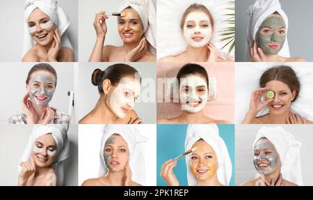 Collage with photos of women with cleansing and moisturizing masks on ...