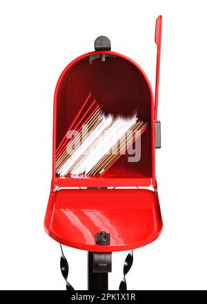 Red letter box with envelopes on white background Stock Photo - Alamy