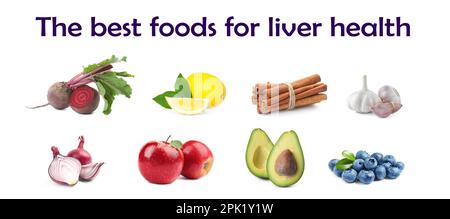 List of the best foods for liver health. Collage with different tasty ...