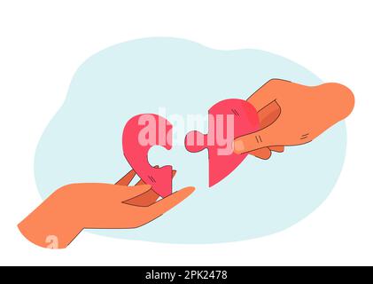 Two hands connect pieces of heart, reuniting it into one. Vector ...