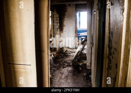 Interior of a house destroyed by a Russian bombardment. Objects of ...