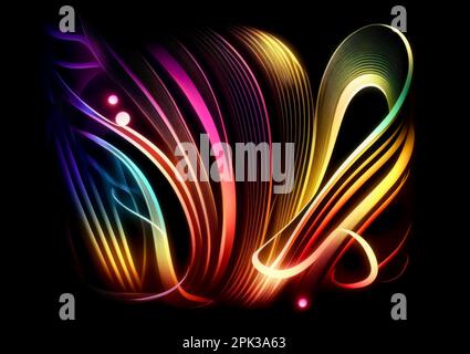 Abstract pattern drawn with coloured glowing lines on a black ...