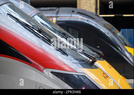 Close up of the front of LNER Azuma high speed trains at London Kings ...