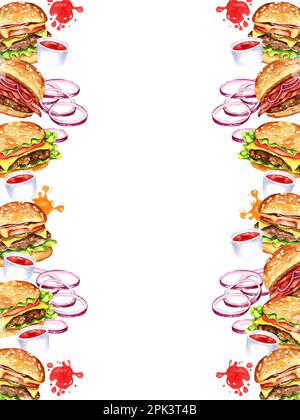 vertical border with different tasty burgers, onion, sause, splashes ...