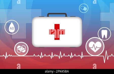 First aid kit and illustration of heartbeat rate with symbols cross on ...