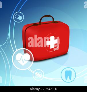 First aid kit and different icons on blue background, illustration ...