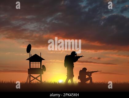 Silhouettes of border guards at post outdoors in evening Stock Photo ...