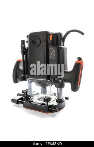 Portable black electric wood router machine isolated on white ...