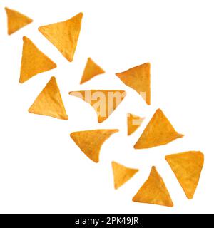 Tasty tortilla chips (nachos) falling on white background Stock Photo ...