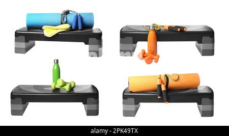 Set with step platforms on white background, banner design. Sports ...