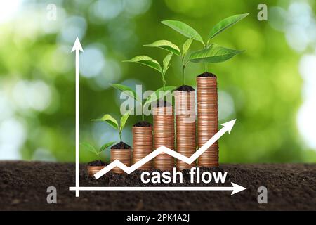 Cash Flow concept. Illustration of increase graph and stacked coins on ...