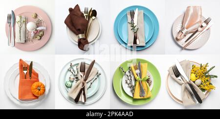 Set with examples of different beautiful table settings on white ...