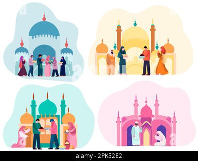 Celebrating Together, A Joyful Muslim Community with Mosque Silhouette ...
