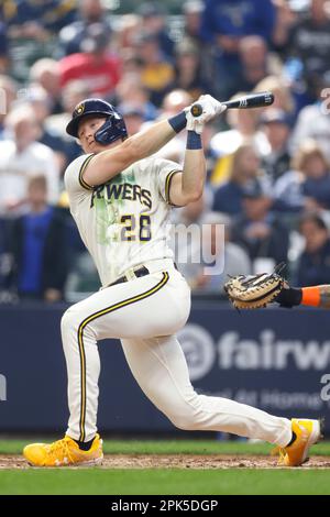 April 8, 2023: Milwaukee Brewers center fielder Joey Wiemer (28) hits a ...