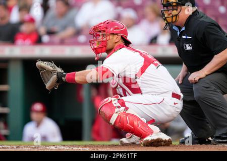 Cincinnati Reds catcher Luke Maile (22) makes a catch during a baseball ...