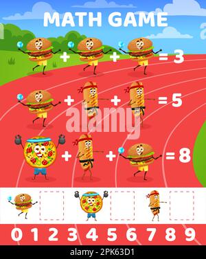 Math game worksheet, cartoon pizza, french fries and soda drink, vector ...