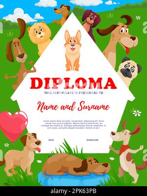 Kids diploma with funny dogs and puppies, vector certificate. Education ...