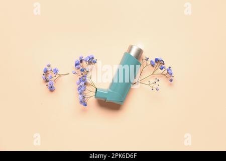 Asthma inhaler with gypsophila flowers on beige background Stock Photo ...