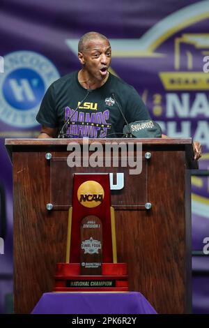 April 5, 2023: LSU President William F. Tate IV speaks to the crowd ...