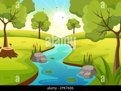 River Landscape Illustration with View Mountains, Green Fields, Trees ...