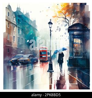 Watercolor illustration of rainly London street, vector Stock Vector ...
