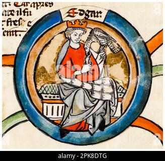 An early illustration of King Edgar (943— 975), known as the Peaceful ...