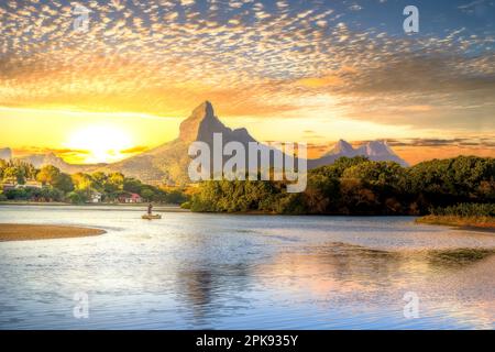 Tamarin Bay on Tamarin River in the evening at sunset, public sandy ...