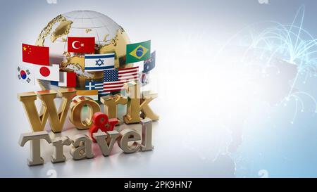 Globe, flags, work and travel text isolated on white background. 3D ...