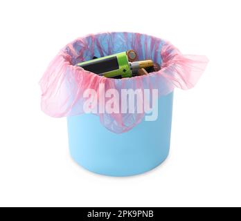 Used batteries in bucket on white background Stock Photo - Alamy