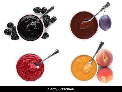 Set with different tasty fruit puree on white background, top view ...
