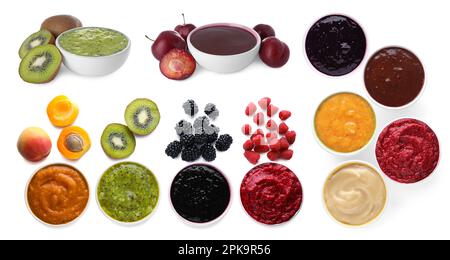 Set with different tasty fruit puree on white background, top view ...