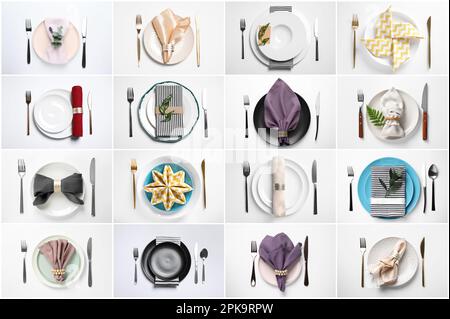 Set with examples of different beautiful table settings on white ...