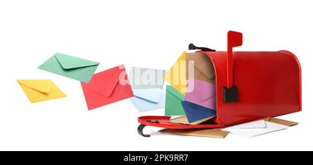 Different color envelopes flying out from red letter box on white ...