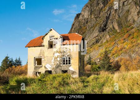 Norway, Lofoten, Gimsoy island, abandoned house, graffiti, gas mask ...